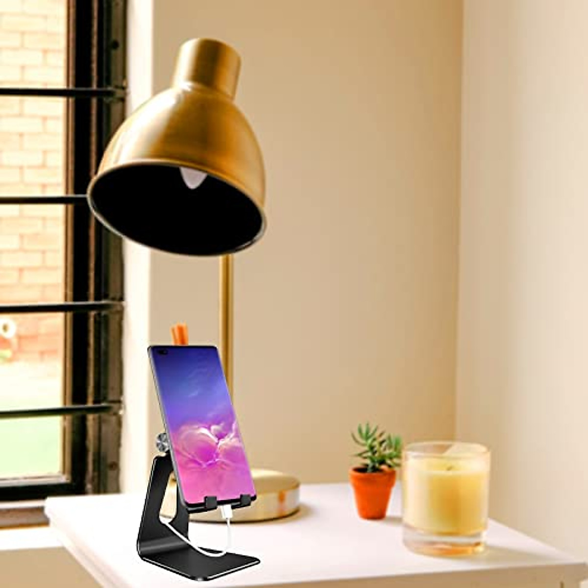 YODAJUN Adjustable Cell Phone Stand, Aluminum Desktop Phone Dock Holder Compatible with All Mobile Phone, iPhone, iPad, Tablet 4-10’’ Desk Accessories