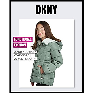 DKNY Girls' Winter Coat - Sherpa Fur Lined Heavyweight Quilted Puffer Parka - Insulated Winter Ski Jacket for Girls (4-16), Size 7-8, Sage