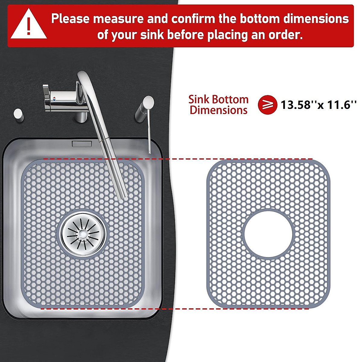 Bestjing Silicone Sink Mat, 2 Pack 13.58''x 11.6'' Sink Protectors for Kitchen Sink with Center Drain, Non-Slip Heat Resistant Sink Mat Grid for Bottom of Stainless Steel Porcelain Sink (Center Hole)