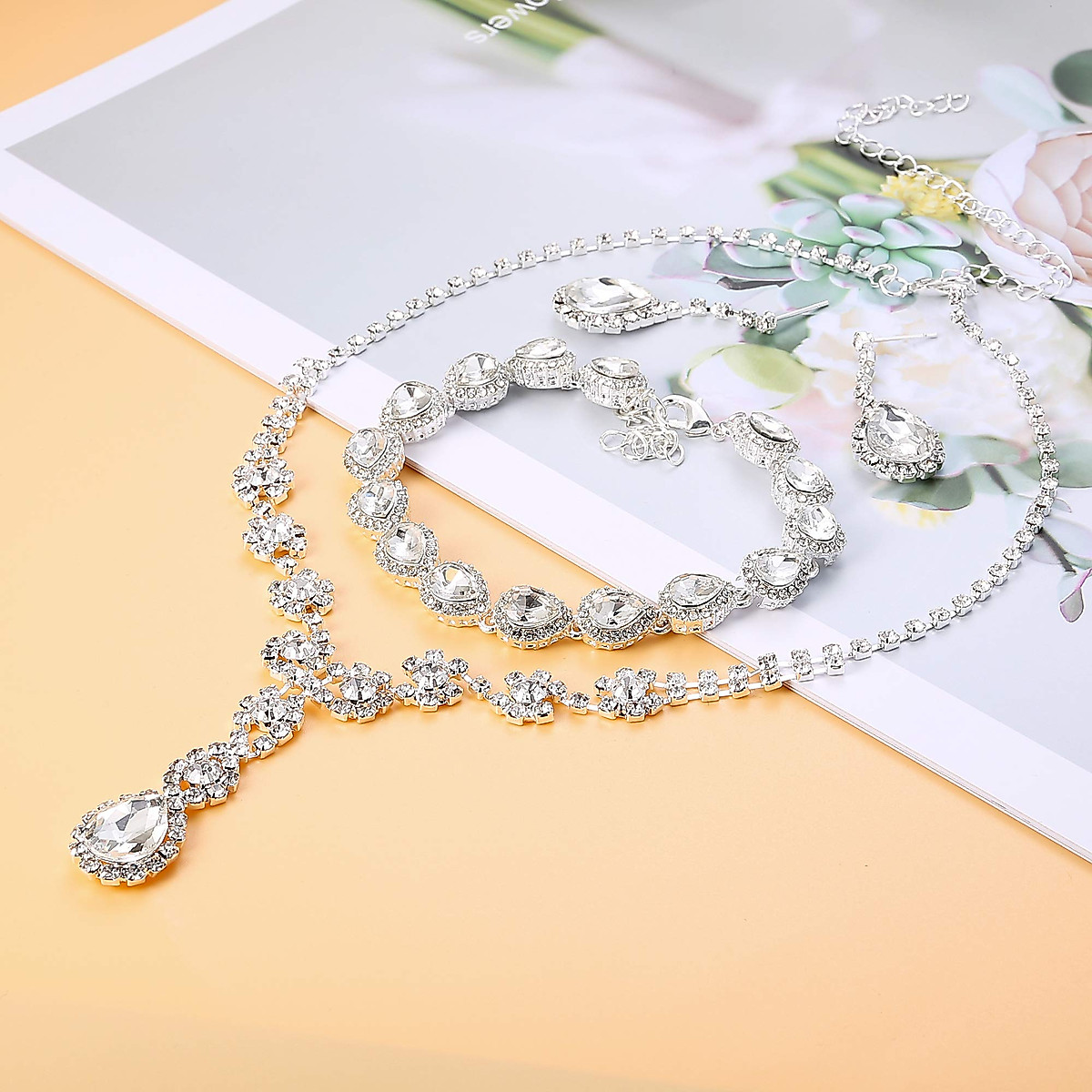 LOYALLOOK Women's Rhinestone Teardrop Necklace Bracelets and Dangle Earrings Jewerry Sets for Proms Weddings