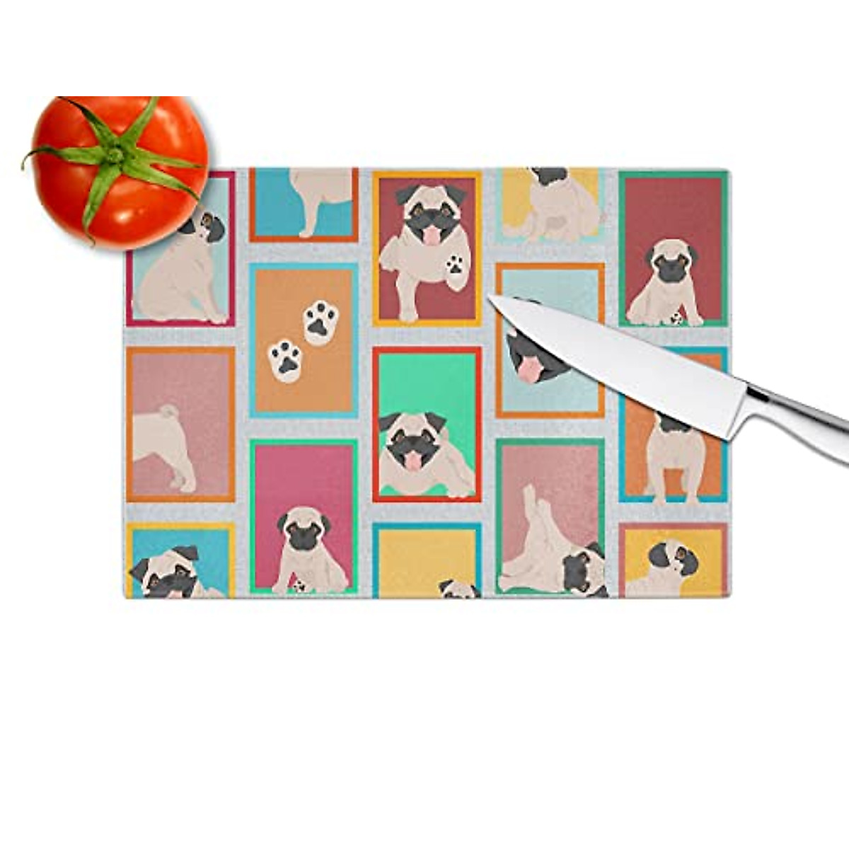 Caroline's Treasures MLM1090LCB Lots of Fawn Pug Glass Cutting Board Large Decorative Tempered Glass Kitchen Cutting and Serving Board Large Size Chopping Board