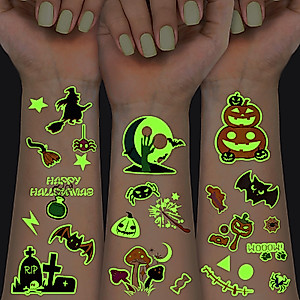 124 Pcs Halloween Temporary Tattoos Glow In Dark For Kids, Waterproof Glowing Luminous Fake Tattoo Stickers for Halloween Party, Jack-O-Lantern, Witch, Ghost Realistic Tattoo Sticker For Boy And Girls
