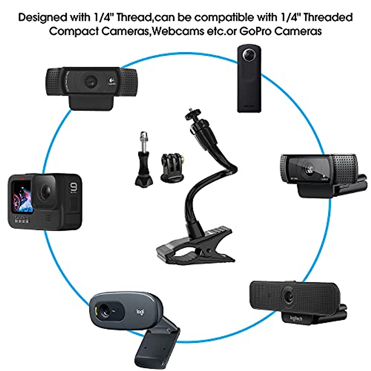 Smatree Webcam Stand, Flexible Jaws Clamp Clip Mount Holder Compatible for Logitech Webcam C925e C922x C922 C930e C930 C920 C615, GoPro Hero 11/10/9/8/7/6/5, Arlo Ultra/Pro/Pro 2/Pro 3