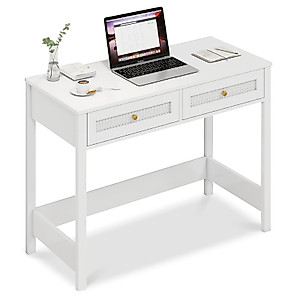 LTMEUTY White Desk with Drawers for Bedroom, 40 Inch Small Computer Desk with Storage, Modern Vanity Desk for Small Spaces, Rattan Study Writing Table for Home Office