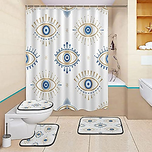 Vnurnrn 4PCS Evil Eyes Pattern Shower Curtain Set with Non-Slip Rugs, Toilet Lid Cover and Bath U-Shaped Mat, Bathroom Decor Set Accessories Waterproof Shower Curtain Sets with 12 Hooks