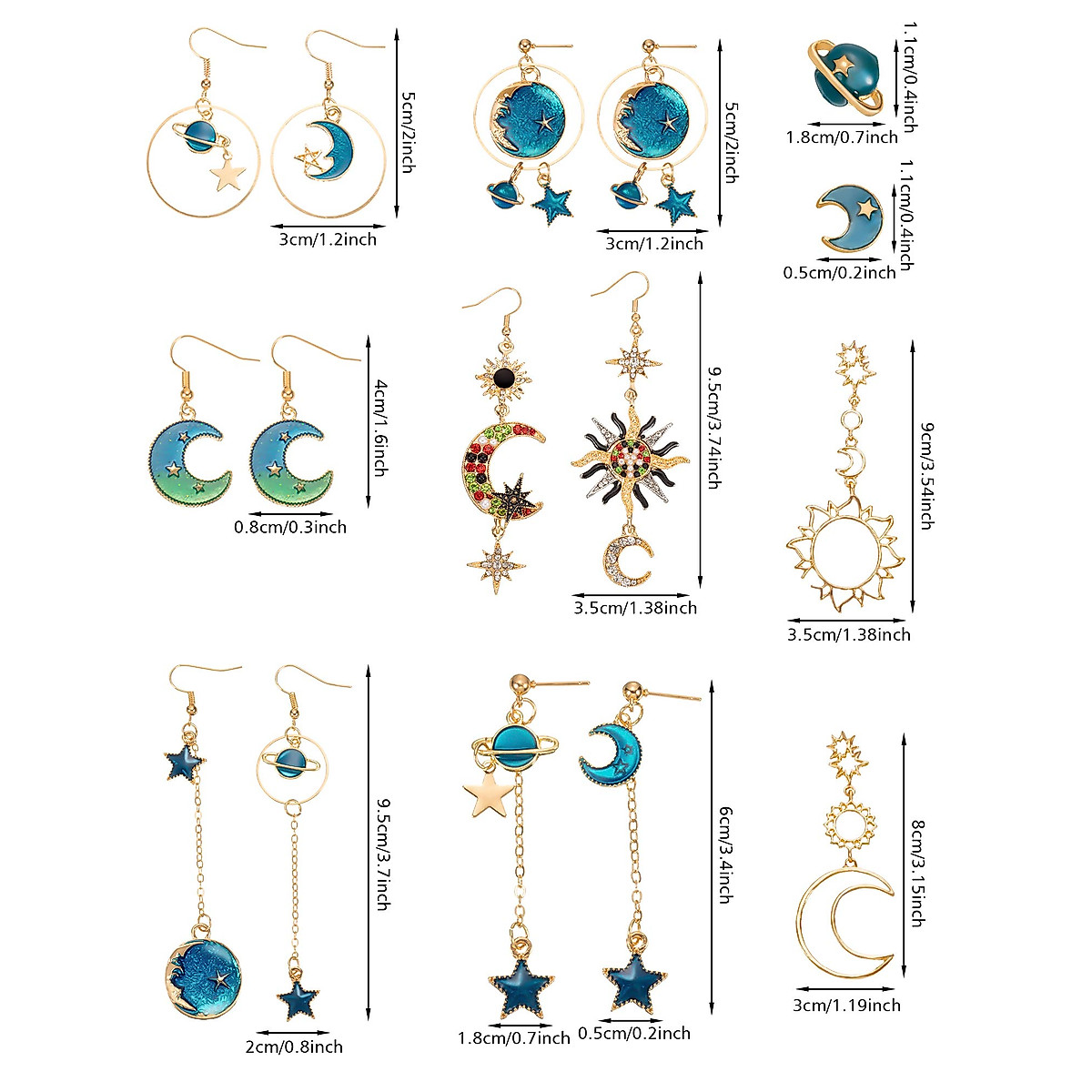 8 Pairs Moon Star Earth Planet Earrings Asymmetrical Vintage Bohemian Earrings Dangle Pendant Earrings Drop Hook Earrings Jewelry for Women
