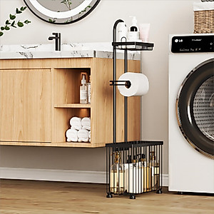 X-cosrack Freestanding Toilet Paper Holder Toilet Tissue Rack Scroll Stand Roll Dispenser with Storage Shelf Reserve for Phone Tablet Magazine Bathroom Organizer Bath Tissue Organizer (Black)