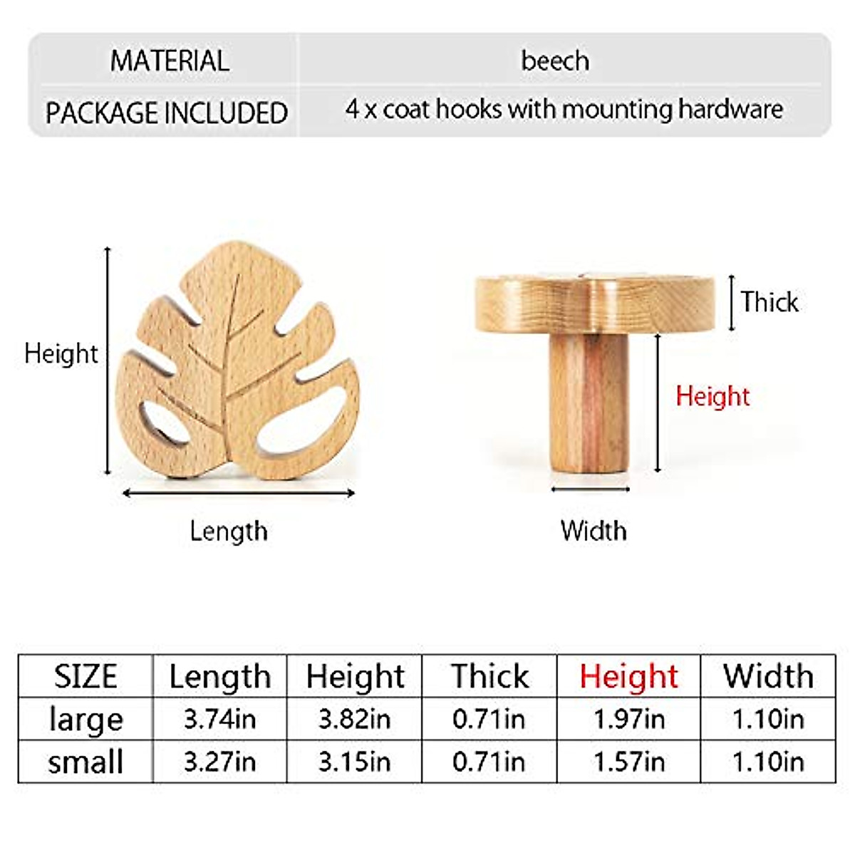 Kelendle 4Pcs Wall Mounted Monstera Wooden Coat Hooks with Mounting Hardware Single Wall Hook Rack Clothes Hanger Organizer (Beech)