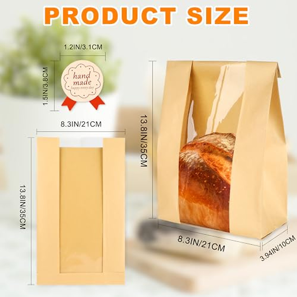 ROLYTA 50 Pack Bread Bags for Homemade Bread,Large Kraft Paper Loaf Bag with Window and Label Seal Stickers,13.8x8.3x3.94 Inch Large Kraft Paper Bakery Bag for Baked Toast Food Packing Storage