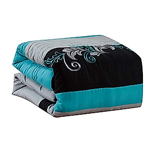 Chezmoi Collection Napa 7-Piece Luxury Leaves Scroll Embroidery Bedding Comforter Set (Queen, Teal Blue/Gray/Black)