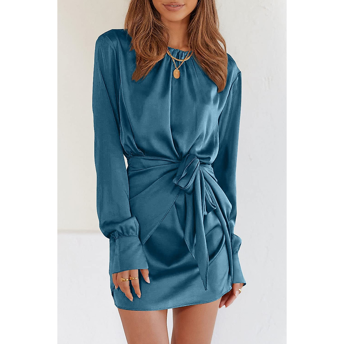 PRETTYGARDEN Women's Spring Satin Dress Long Sleeve Tie Waist Elegant Cocktail Party Mini Fall Dresses(Dark Blue,Small)
