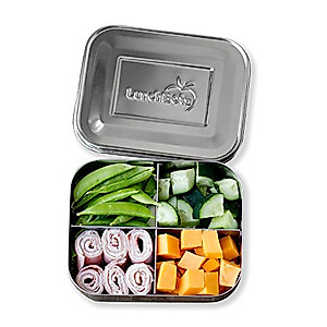 LunchBots Medium Quad Snack Container - Divided Stainless Steel Food Container - Four Sections for Finger Foods On the Go - Eco-Friendly, Dishwasher Safe - Stainless Lid - Stainless Steel