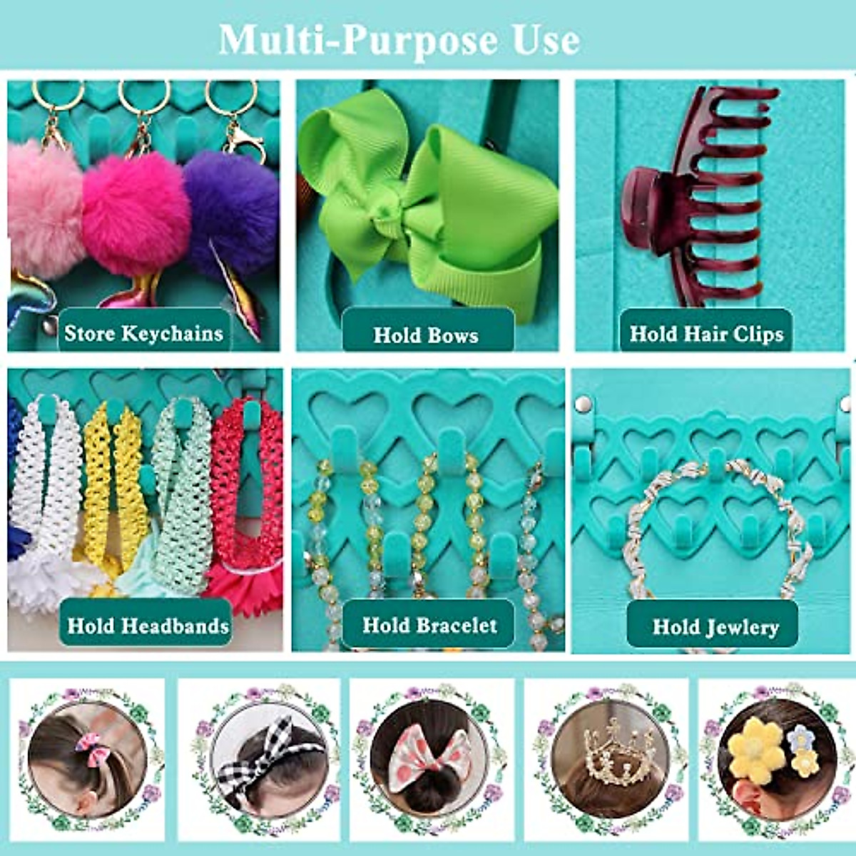 Double-Sided Headbands Holder for Baby Girls丨43” x 12” Hair Bows Clips Ties Barrettes Accessories Organizer with 24 Ribbons/ 33 Velvet Hooks Hangers, Wall Hanging for Girl Room, Baby Nursery Decors