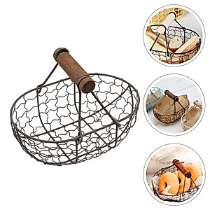 Angoily Iron Egg Basket Rustic Wire Egg Storage Basket Wooden Handle Vintage Basket Kitchen Eggs Holder Rusty Gathering Bin Container for Home Farmhouse Supplies