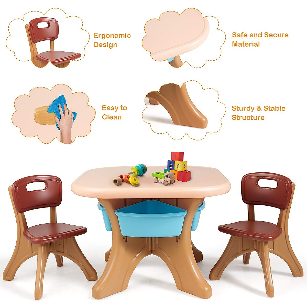 Costzon Kids Table and Chair Set, 3 Piece Activity Table w/Detachable Toy Storage Bin & 2 Chairs for Children Reading Art Craft, Strong Bearing Capacity, Lightweight, Toddler Table & Chair Set, Coffee
