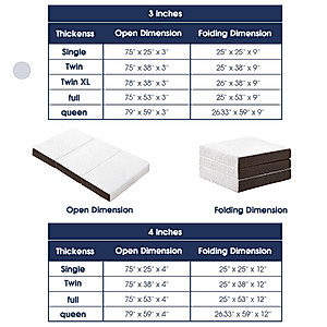 BedLuxury 3 Inch Tri Folding Mattress Single Bed with Storage Bag, Foldable Memory Foam Topper Portable Floor Guest Bed with Removable Cover, Breathable Washable