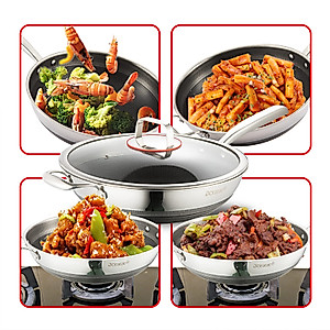 boratat Hybrid Stainless Steel Frying Wok Pan with Stay-Cool Handle and Lid 12.5 inch - PFOA Free, Dishwasher and Oven Safe, Non Stick, Works On Induction Cooktop, Gas, Ceramic, and Electric Stove