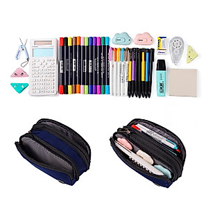 only warm Pencil Case Soft Fabric Multi-Function Compartment,Large-Capacity Navy Blue 8.86 * 2.36 * 4.33