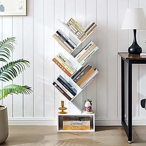 Hoctieon 6 Tier Tree Bookshelf, Tall Bookcase with Drawer, Freestanding Book shelf, Display Floor Standing Storage Shelf, Book Organizer Shelves for Home Office, Living Room, Bedroom, White