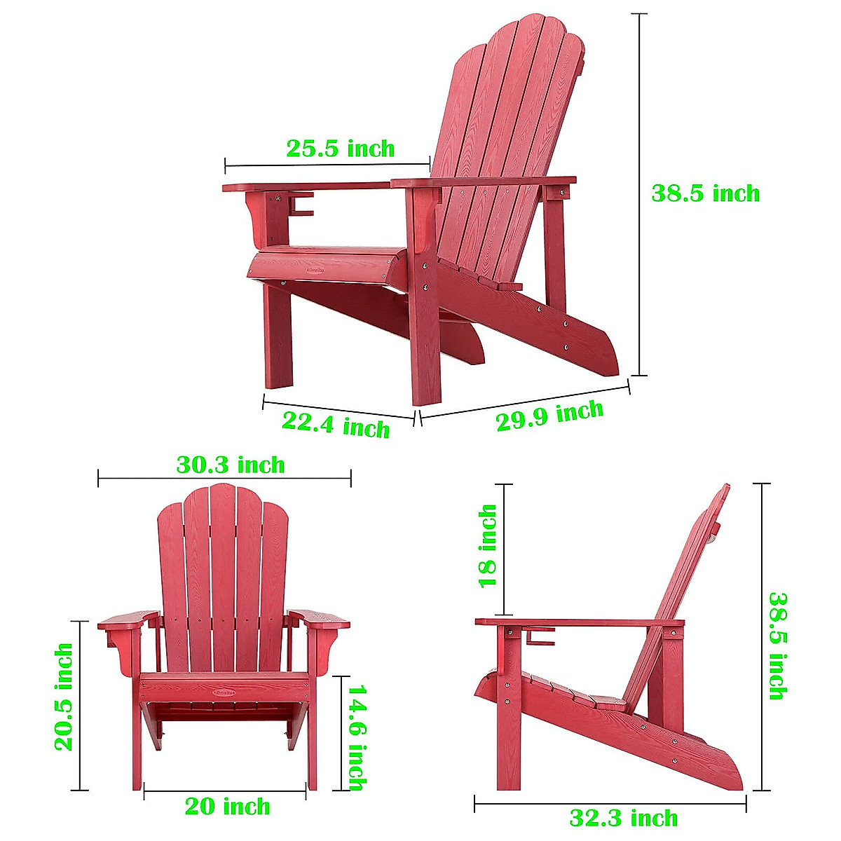 Adirondack Chair Weather Resistant , Hard Plastic Adirondack Chair with Cup Holder, Comfortable Easy to Assemble and Maintain, Outdoor Chair for Patio, Backyard Deck, Fire Pit & Lawn Porch - Red