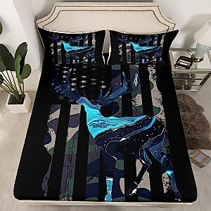 American Flag Deer Bed Sheets Set Twin Size, Deer Antler Forest Camo Sheet Set for Boys Girls Marble Teaxture Deer Sheets with Deep Pocket Fitted Sheet Deer Hunting Bedding Set with 1 Pillow Case