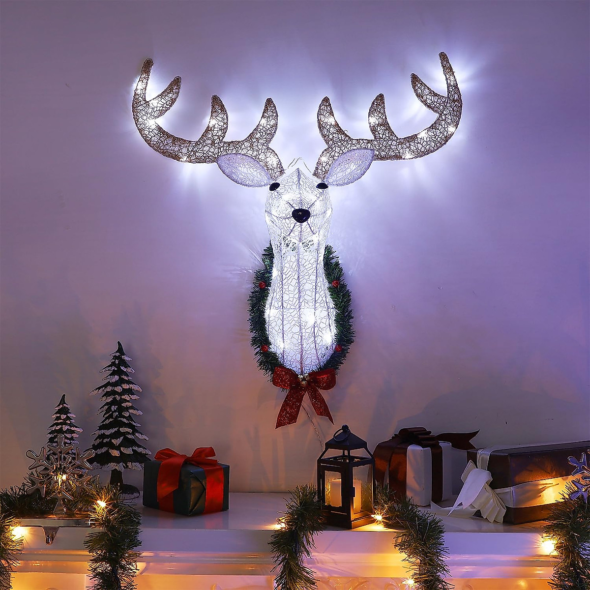 WATERGLIDE Lighted Christmas Wall Decor Reindeer Head, 28" Pre-Lit 3D Rudolph Hanging Wreath with Battery Operated, 8 Modes & Timer, Light Up for Front Door Window Indoor Outdoor Festive Xmas Holiday
