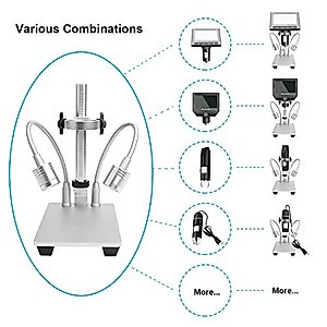 Jiusion Updated with 2 Lamps Aluminum Alloy Universal Adjustable Professional Base Stand Holder Desktop Support Bracket for Max 1.4" in Diameter USB Digital Microscope Endoscope Magnifier Loupe Camera