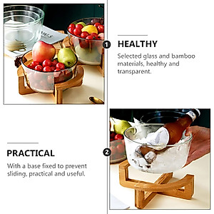 HEMOTON Glass Salad Serving Bowl with Wood Stand Base 2500ml Fruit Dessert Bowl Clear Ice Bucket Fruit Vegetable Dish Container for Kitchen Microwave Oven