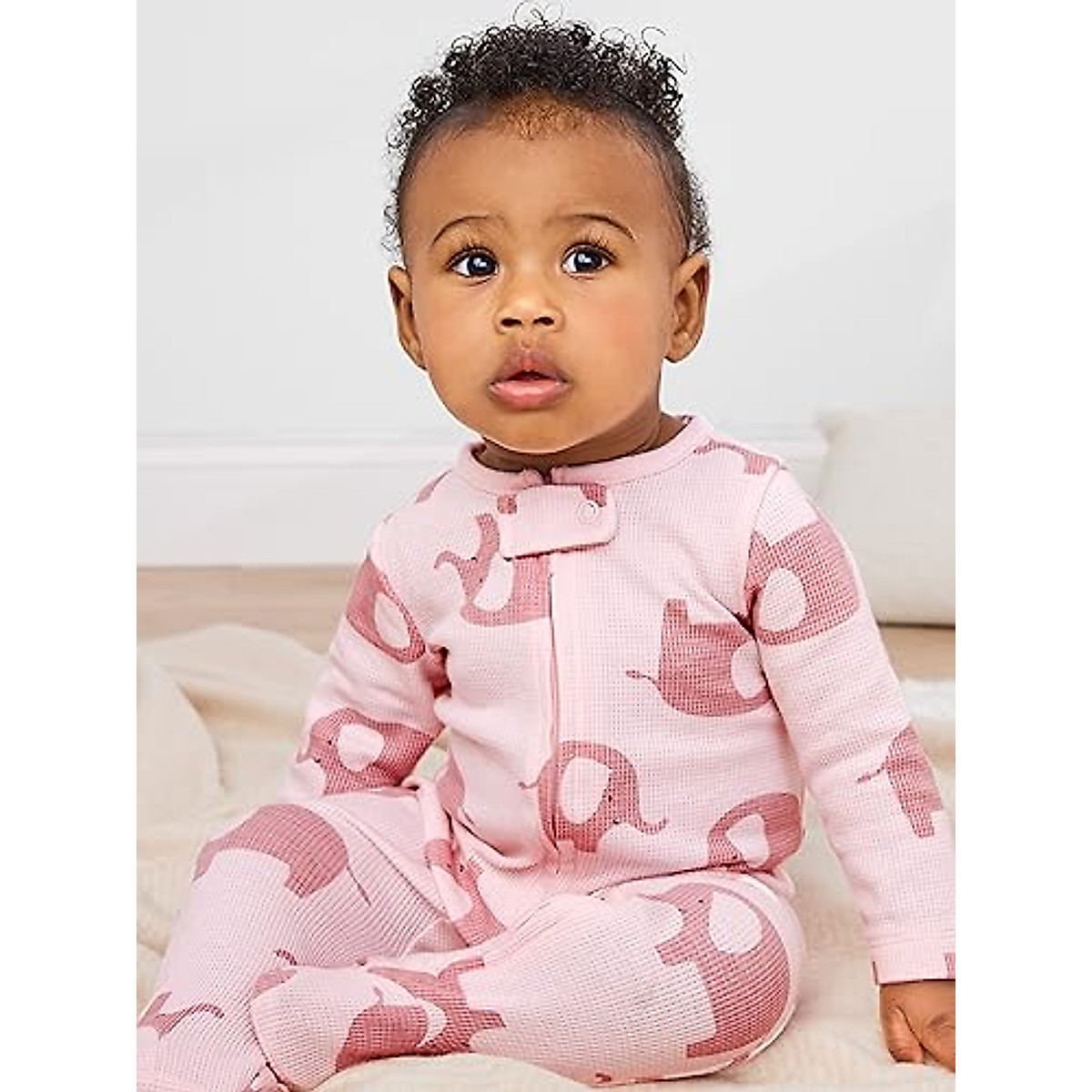 Simple Joys by Carter's Baby Girls' 2-Way Zip Thermal Footed Sleep and Play, Pack of 2, Pink Elephant/White Floral, 6-9 Months