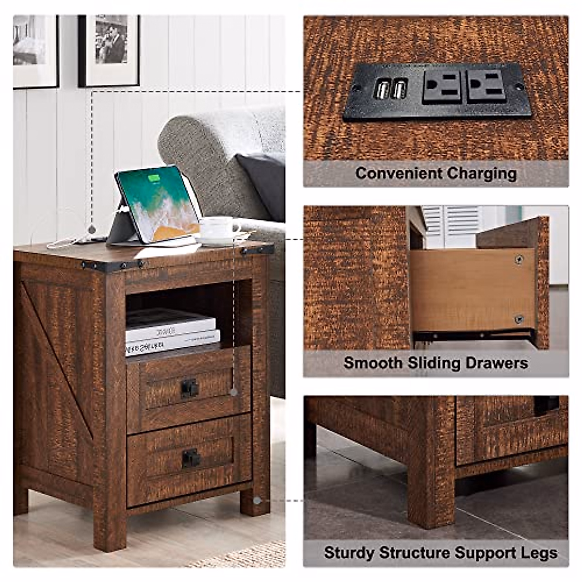 T4TREAM Nightstand wtih Charging Station, End Table, Side Table with 2 Drawers Storage Cabinet for Bedroom, Living Room, Farmhouse Design, Wood Rustic, Reclaimed Barnwood