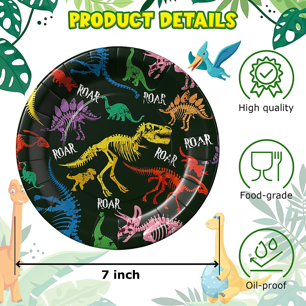 AFZMON Dinosaur Party Plates- 50 Pack 7’’ Disposable Three Rex Paper Cake Plates, Dinosaur World Themed Birthday Party Supplies Decorations Tableware for Kids Baby Shower
