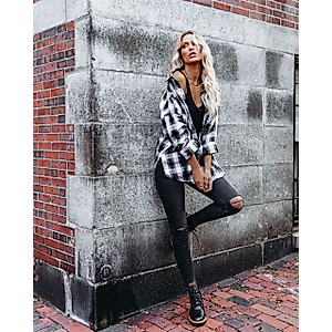 Paintcolors Women's Plaid Button Down Shirts Long Sleeve Blouses Flannel Oversized Tunic Tops with Pockets - Black-White XL