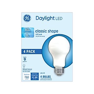 GE LED Light Bulbs, 60 Watt, Daylight, A19 (4 Pack)