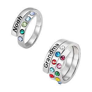 Custom Engraved Initials Name Rings For Women 925 Sterling Silver/Copper/Stainless Steel Stackable Mother Rings Anniversary Personalized 1-10 Birthstone Rings Grandma Birthday Gifts For Nana Mom