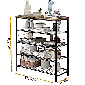 SUOERNUO Shoe Rack Organizer 5 Tier for Closet Entryway Free Standing Metal Storage Shoe Shelf with MDF Top Board，Black+Rustic Brown