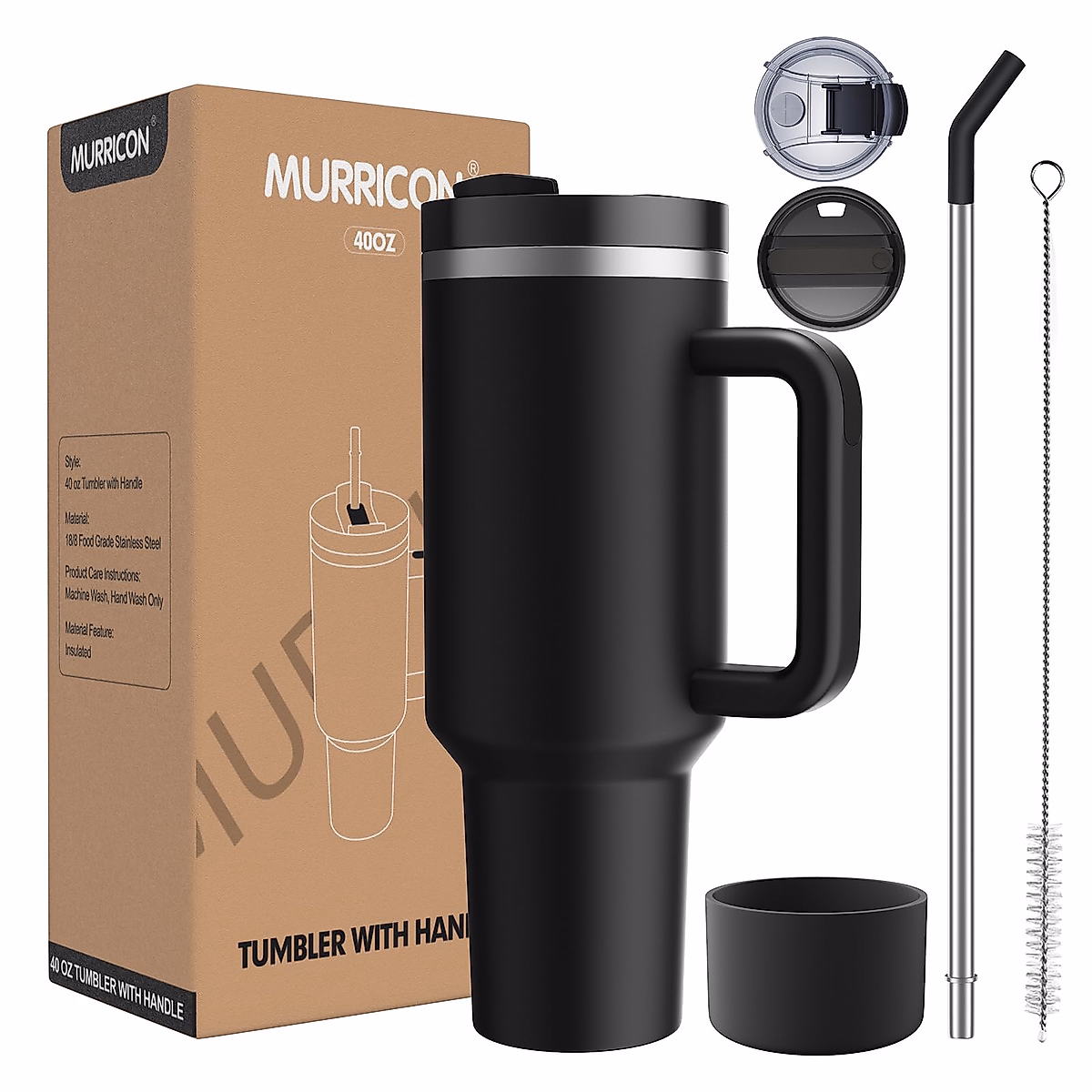 MURRICON 40 oz Tumbler with Handle and Straw,Reusable Vacuum Quencher Tumbler with Lid,Stainless Steel Insulated Travel Mug,for Coffee and Beverages(Black)