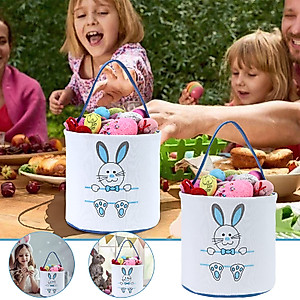 Easter Bunny Basket Egg Bags for Kids,Canvas Cotton Personalized Candy Egg Basket Rabbit Print Buckets with Fluffy Tail Gifts Bags for Easter……