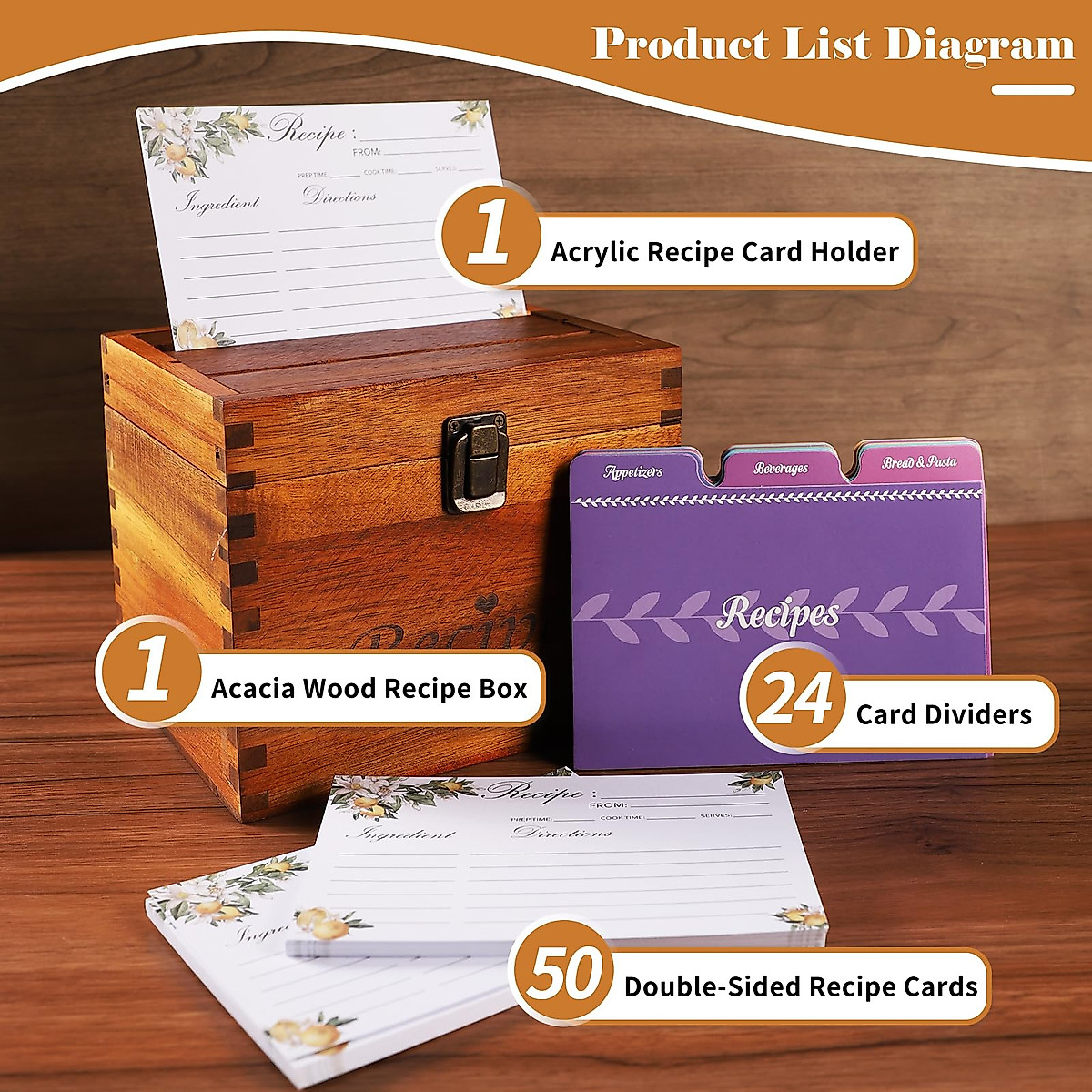 Acacia Recipe Box with 50 Blank Recipe Cards and 24 Dividers | Wooden Recipe Box with Divider Tabs, 2 Compartment | Wood Recipe Box with Double Sided 4 x 6 Recipe Cards and Box Set