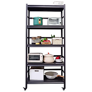 STELSIPLIY 5-Tier Metal Storage Shelves with Wheels, Heavy Duty Metal Shelving Unit, Rolling Kitchen Adjustable Shelves for Kitchen, Bathroom, Garage, Pantry, Easy Assembly, Black