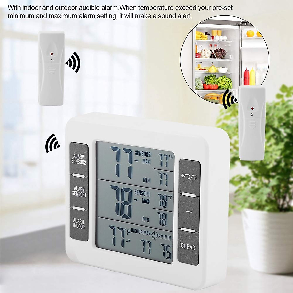 Wireless Therometer-Refrigerator Thermometer Wireless Digital Freezer Thermometer with 2PCS Wireless Sensors with Audible Alarm for Indoor Outdoor Thermometer (Battery not Included)