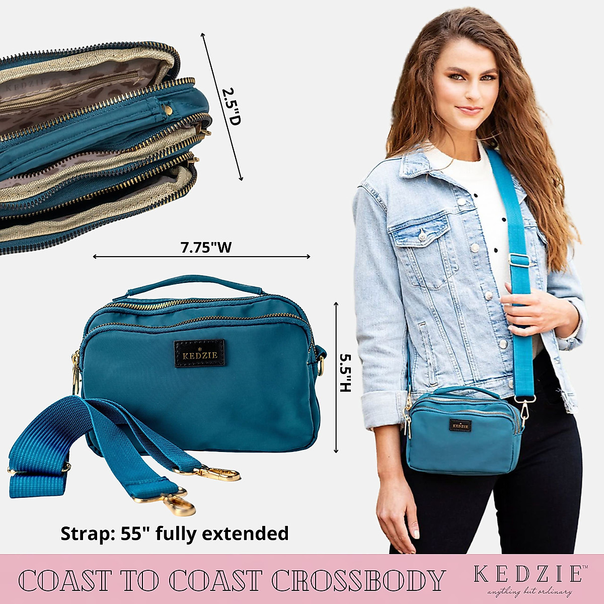 KEDZIE Coast to Coast Crossbody Bag for Women Shoulder Purse Messenger Wallet Lightweight Bag - Teal