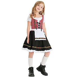 IBTOM CASTLE Oktoberfest Dress, Kids Girls German Oktoberfest Costume Traditional Bavarian Beer Carnival Fraulein Cosplay Dress Outfit Pink Plaid Top Swing Vintage Pageant Dress Black 3-4T