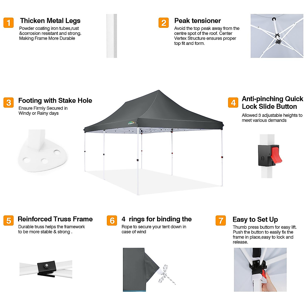 COBIZI 10x20 Pop up Canopy with 6 Removable Sidewalls, Outdoor Canopy Tents for Partie Wedding, Instant Sun Protection Shelter with Upgrade Raised Roof and Carry Bag, with Extra 4 Sandbags