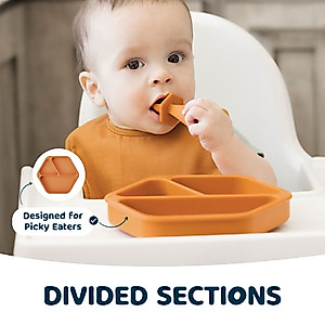 Tiny Twinkle Silicone Suction Baby Plate, Suction Grip Divided Dish for First Foods and Self-Feeding Toddlers, Baby Led Weaning Supplies for Independent Eating (Cinnamon Plate)