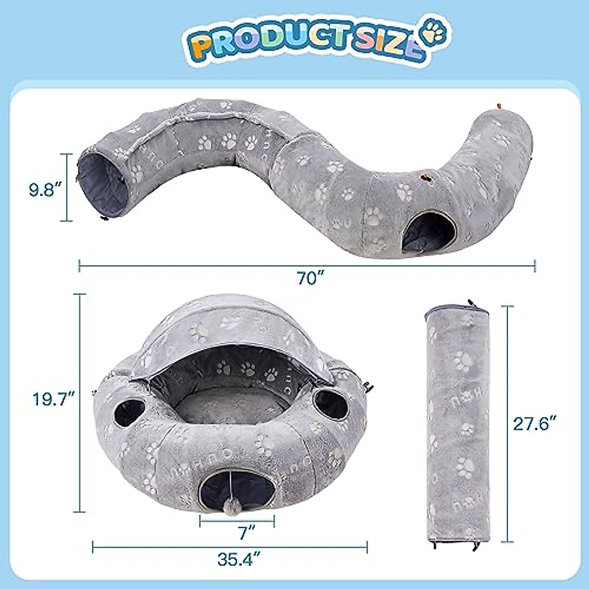 OUHOU Cat Tunnel Bed Tube with Plush Cover, Cat Tunnels for Indoor Cats, 3 Hanging Balls and 4 Peephole, Collapsible Self-Luminous Flannel Fabric for Large Cats, Bunny, Puppy