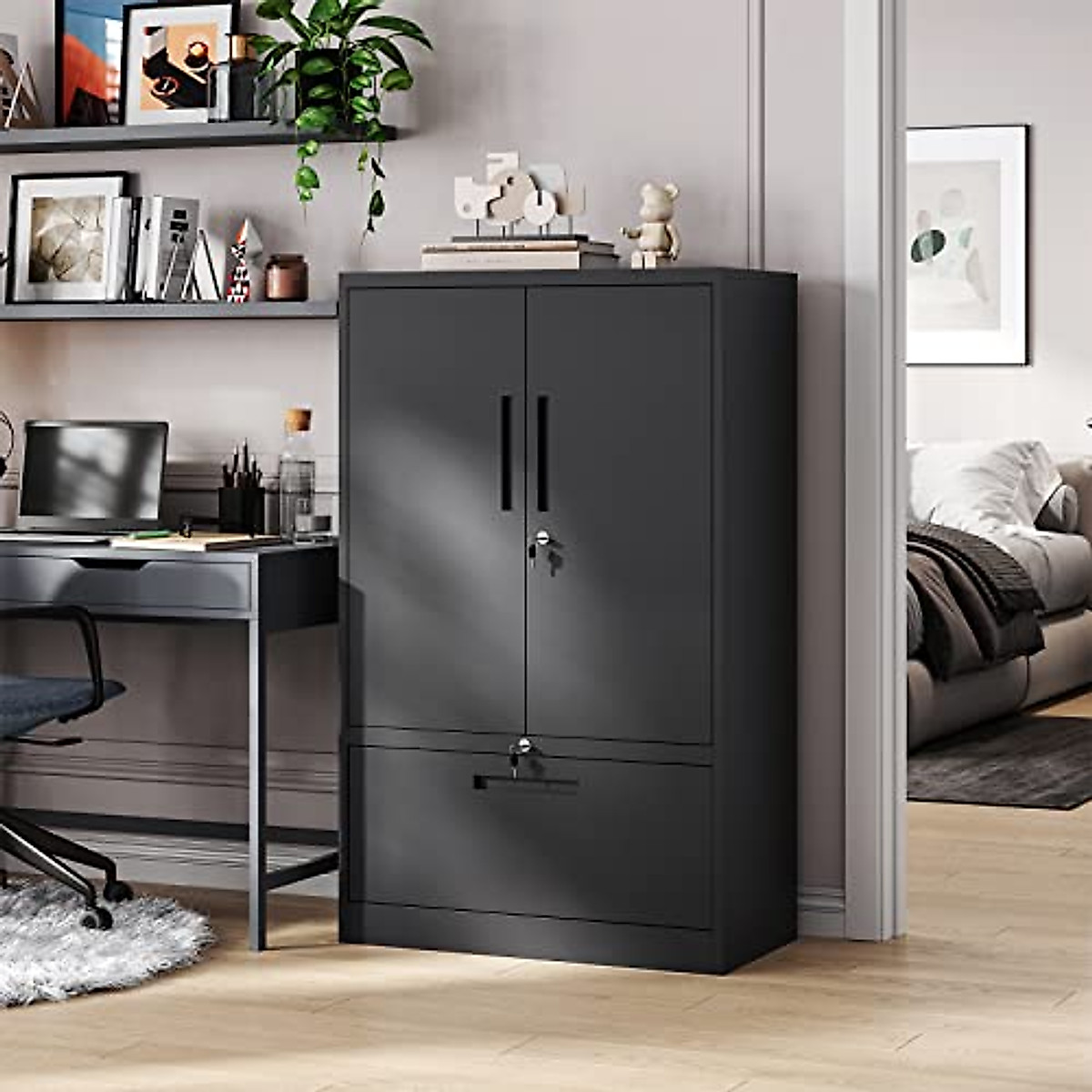PEUKC Metal File Cabinet with Drawer, Lockable Vertical Lateral Filing Storage Cabinet, File Cabinet with Storage Cabinet for Home Office, Legal/Letter/A4 Size Steel File Storage Cabinet, Black
