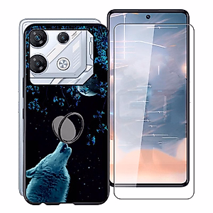 KJYFOANI for Infinix GT 10 Pro Case, [ 1 x Tempered Glass Protective Film], Shockproof Soft Cover, with [360° Rotation Ring Kickstand] Case for Infinix GT 10 Pro (6.67") - Moon Night