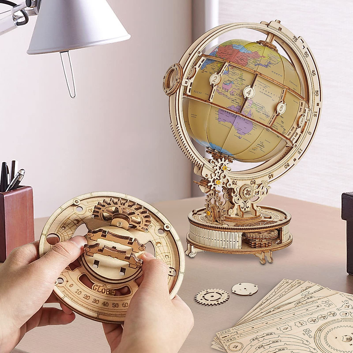 3D Wooden Puzzles for Adults, 2023New LED Light Wooden Globe Puzzle, Model Building Kits, Room Decor for Women, Men, Teen, Girls, Boys, Halloween Party, Christamas Gift