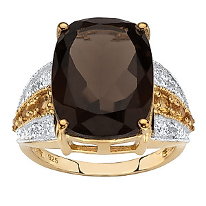 PalmBeach Gold-Plated Sterling Silver Cushion Cut Genuine Citrine or Blue and White Topaz or Smoky Quartz and Citrine Ring Size 7