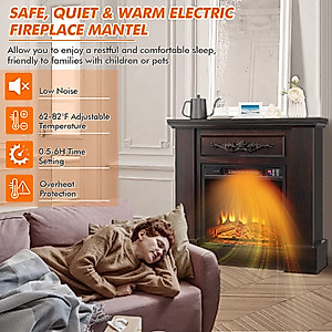 Tangkula 32’’Electric Fireplace with Mantle, Freestanding Fireplace Heater w/ 3D Realistic & Adjustable Flame, Remote Control, Overheat Protection, 1400 W Wooden Fireplace Mantel for Home (Brown)